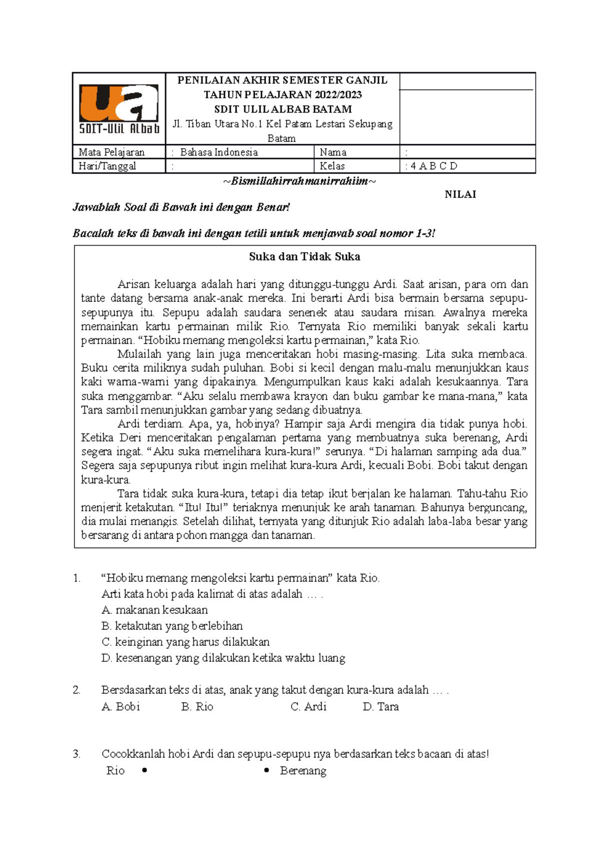 Soal PAS Ganjil Bahasa Indonesia Kelas 4 vani - PENILAIAN AKHIR SEMESTER GANJIL TAHUN PELAJARAN ...