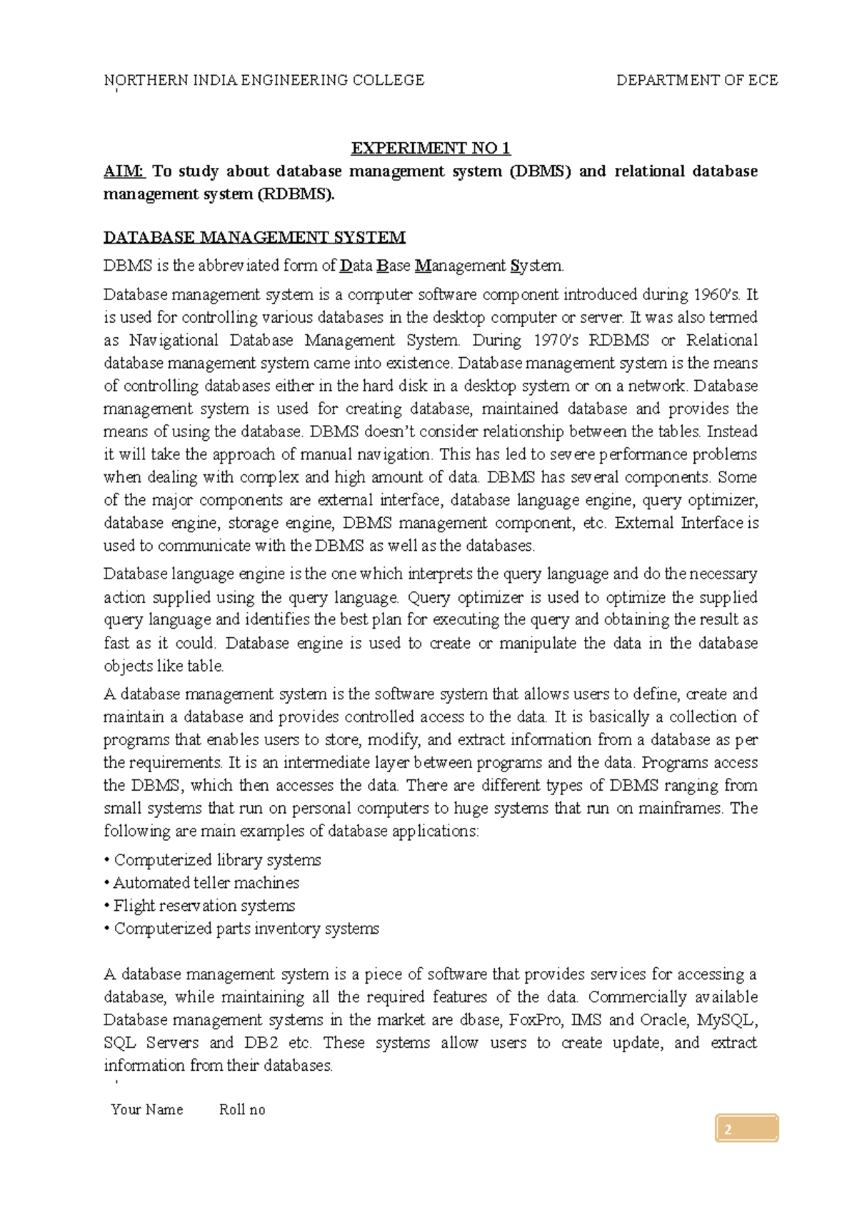DBMS File DBMS FILE EXPERIMENT NO 1 AIM To Study About Database dbms-file-dbms-file-experiment-no-1-aim-to-study-about-database
