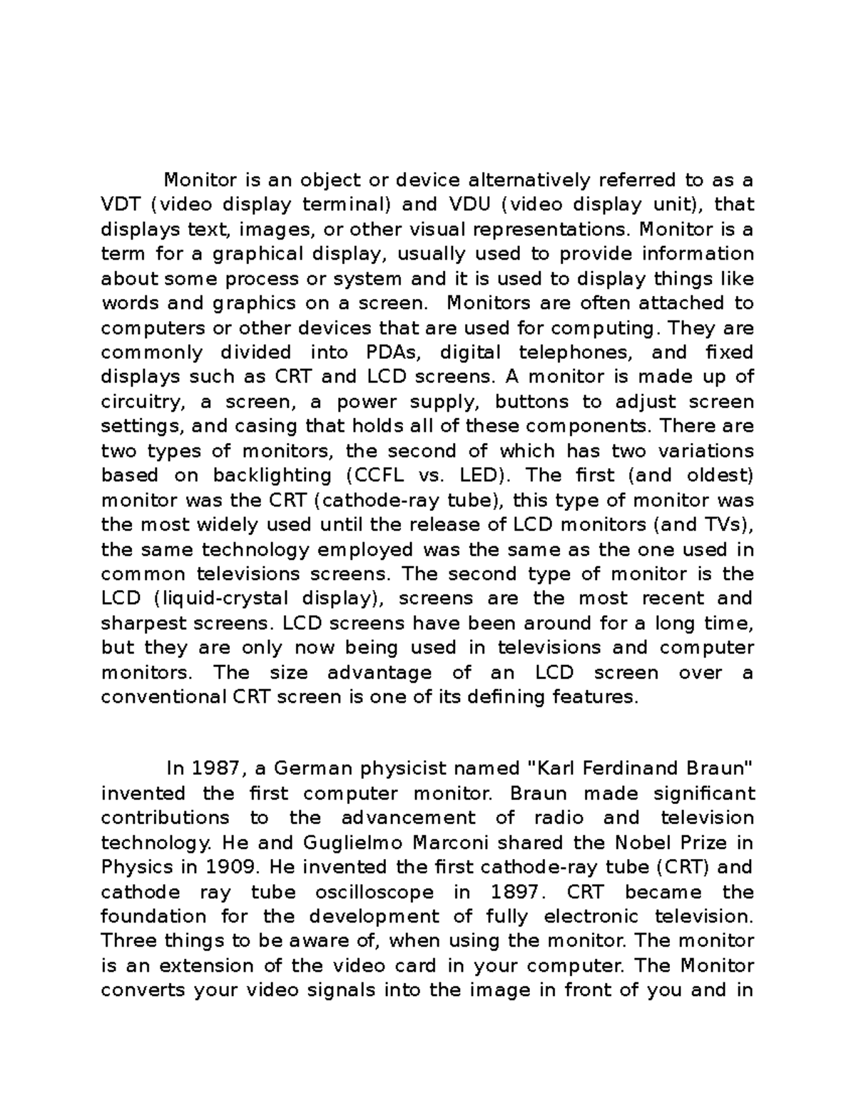 Assignment #1 - Monitor is an object or device alternatively referred ...
