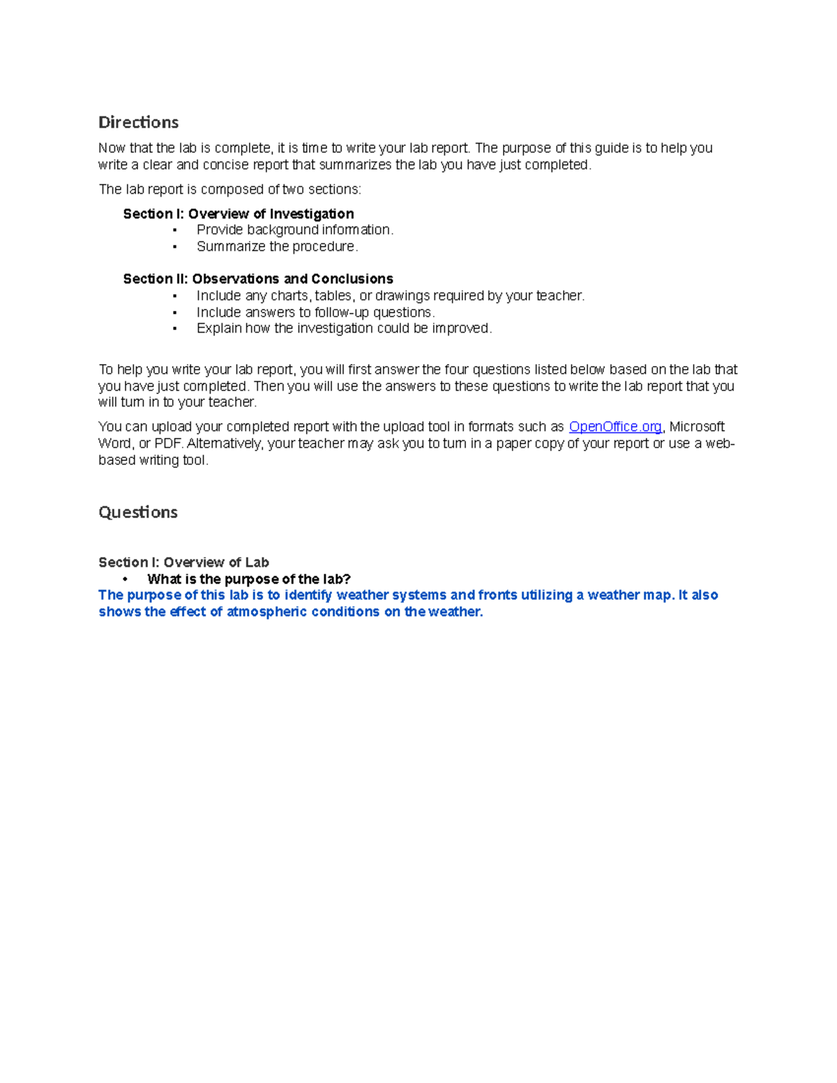 Descriptive Lab Report Guide - Directions Now that the lab is complete ...