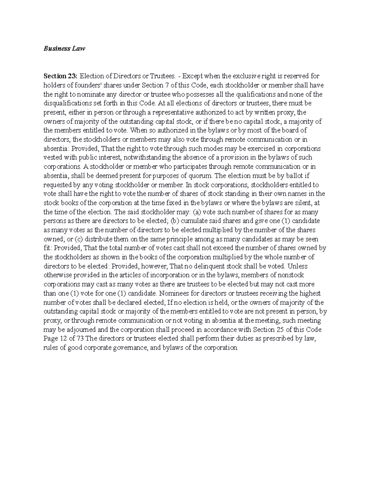 Business Law - Summaries - Business Law Section 23: Election of ...