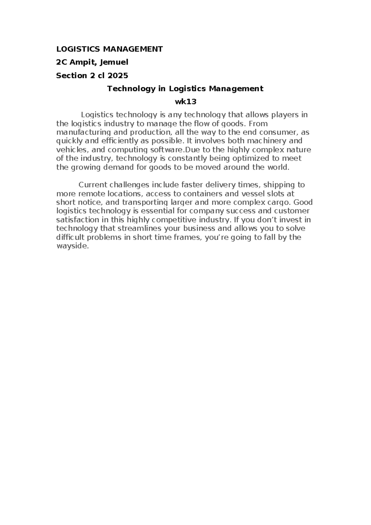 Logistics Management wk 13 and 14 2c Ampit - LOGISTICS MANAGEMENT 2C ...