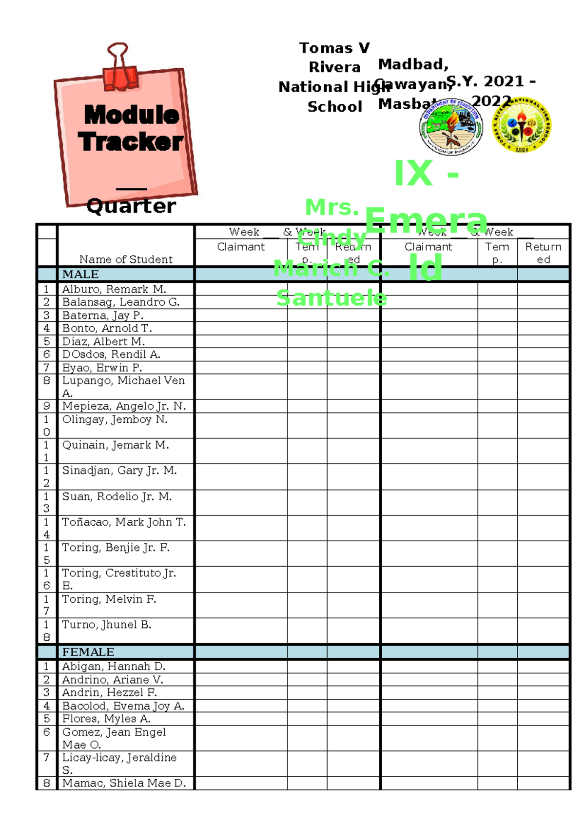 Module Tracker - Name of Student Week ___ & Week ___ Week ___ & Week ...