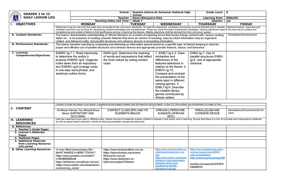 English grade 8 week 7 DLL - GRADES 1 to 12 DAILY LESSON LOG School ...