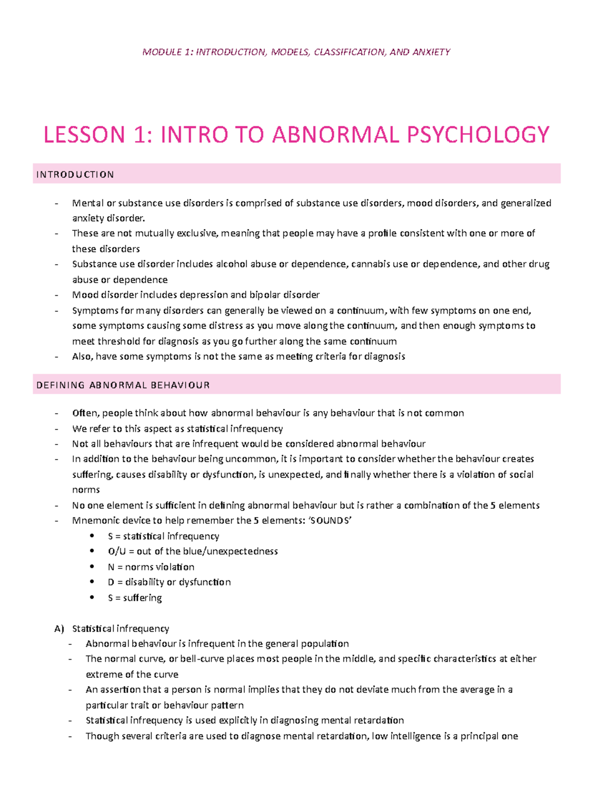 Module 1: Abnormal Psychology Notes - PS280 - WLU - Studocu