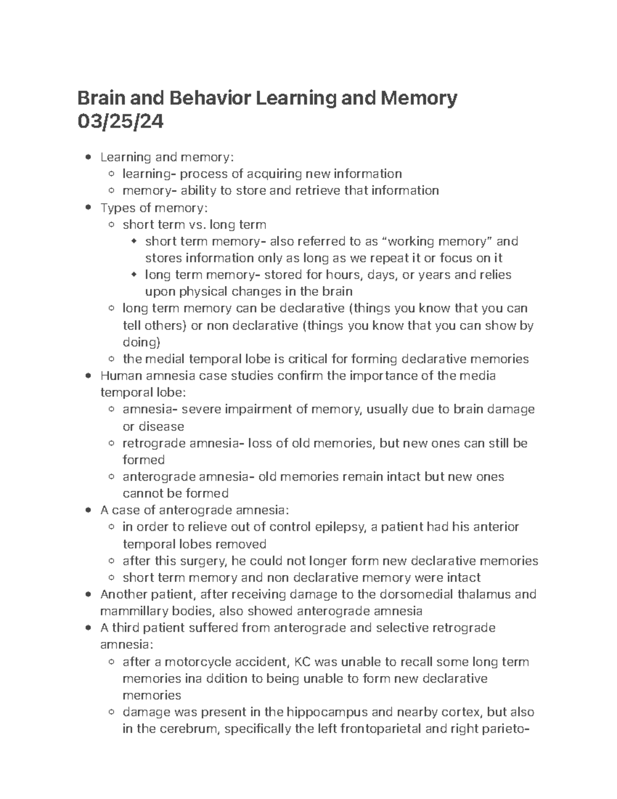 Learning and Memory - Brain and Behavior Learning and - Studocu