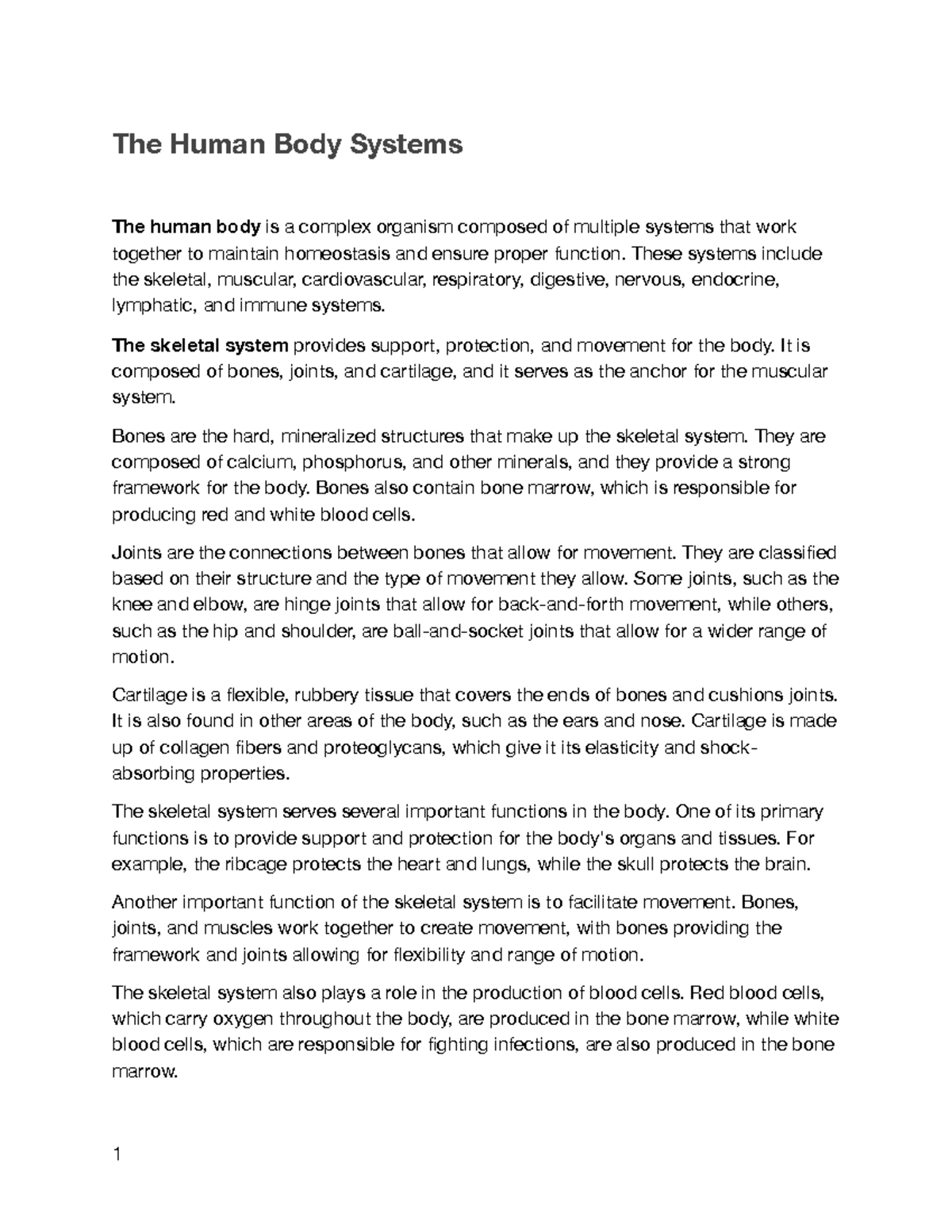 The Human Systems Notes - The Human Body Systems The human body is a ...