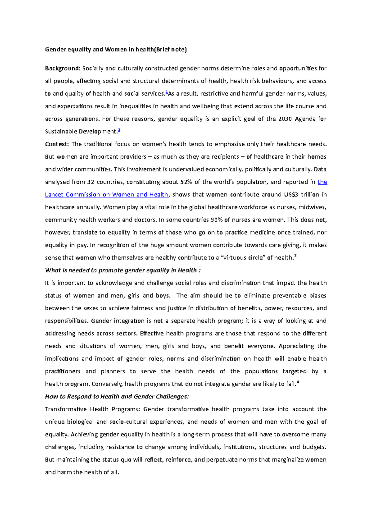 Short note on gender and health - Gender equality and Women in health ...