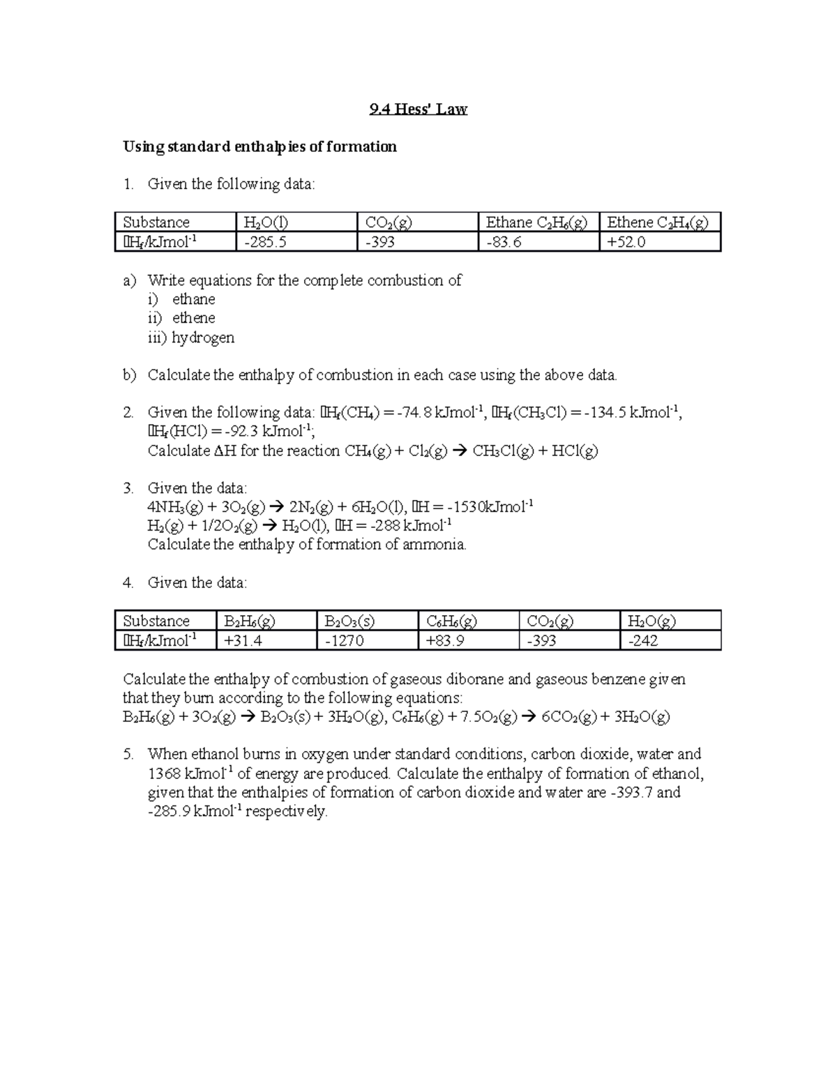 9.4 Hess' Law Worksheet - 9 Hess' Law Using standard enthalpies of ...