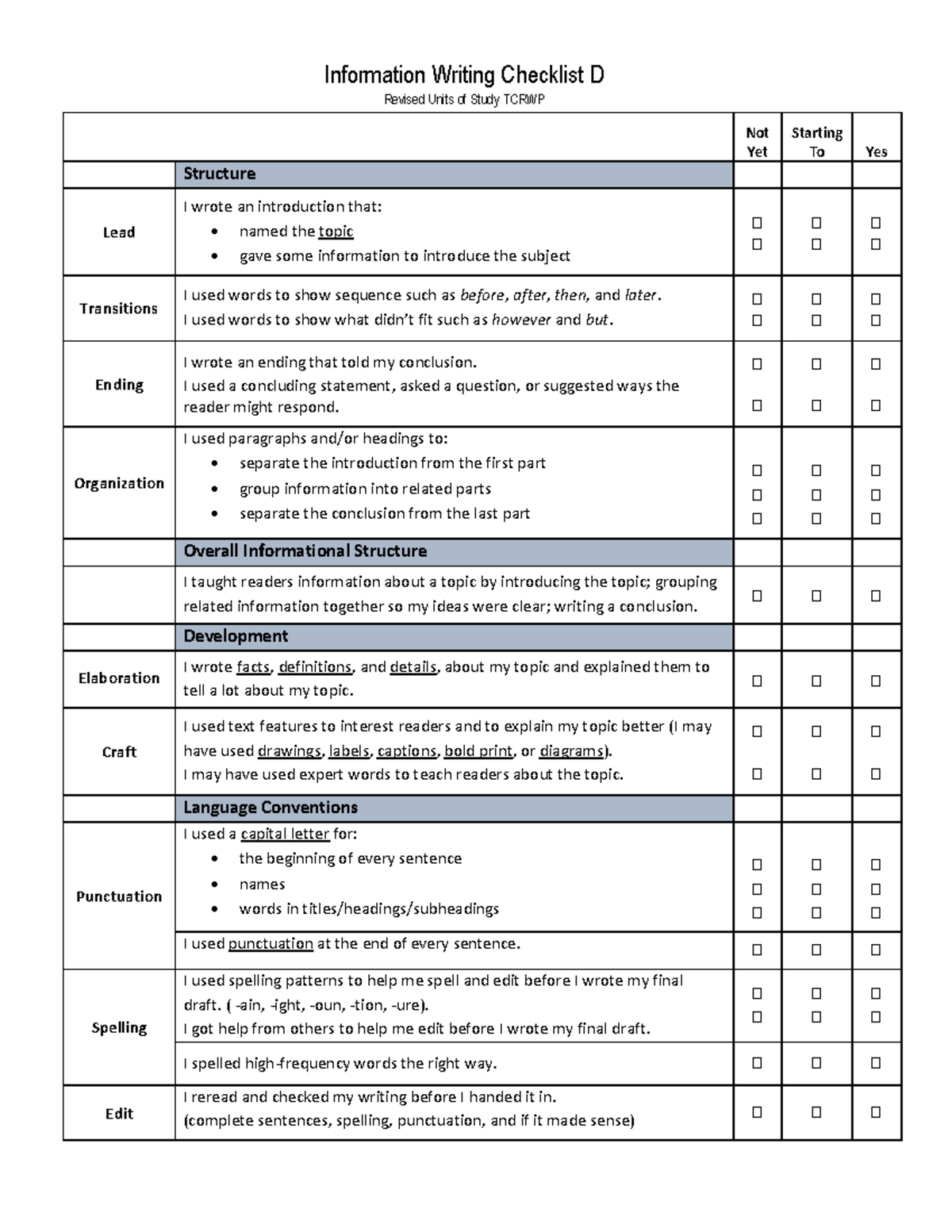 Pierson K Blenner - Writing Information Checklist D-3 - Information ...