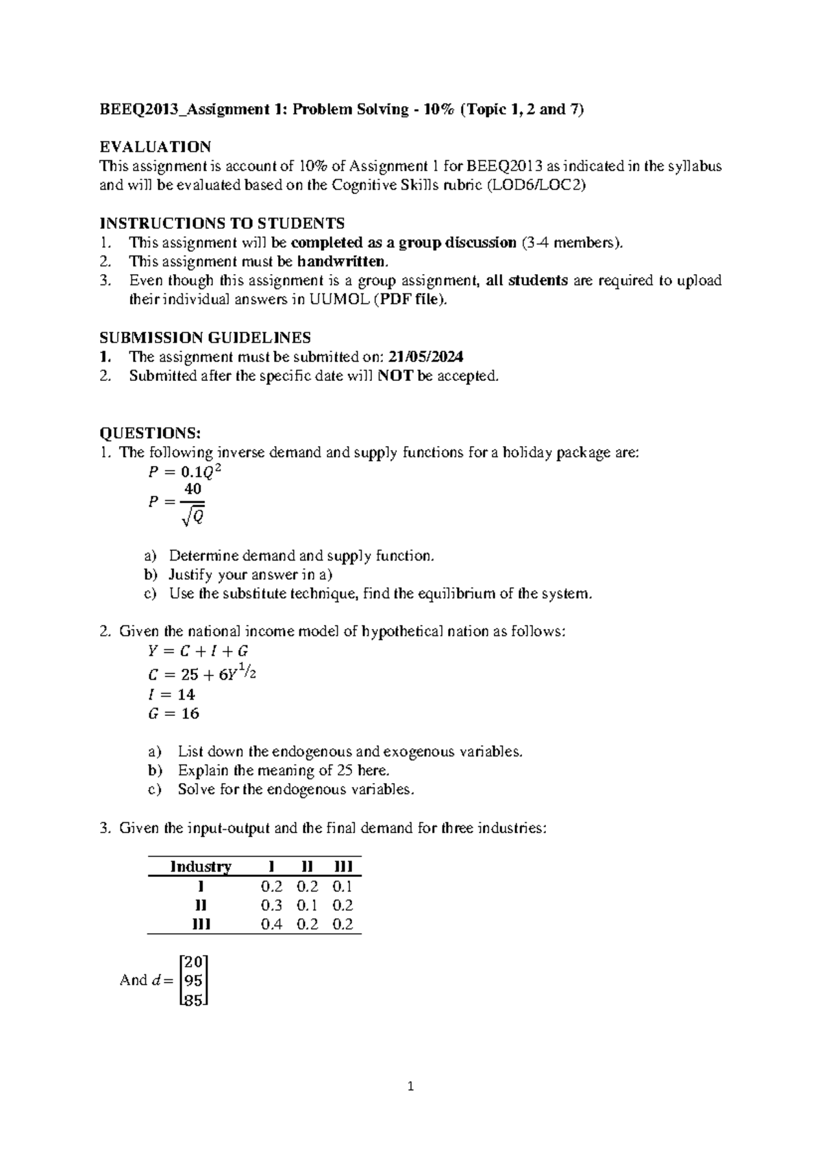 A232 Assignment 1 Problem solving 1-2 - 1 BEEQ2013_Assignment 1: Problem Solving - 10% (Topic 1 ...