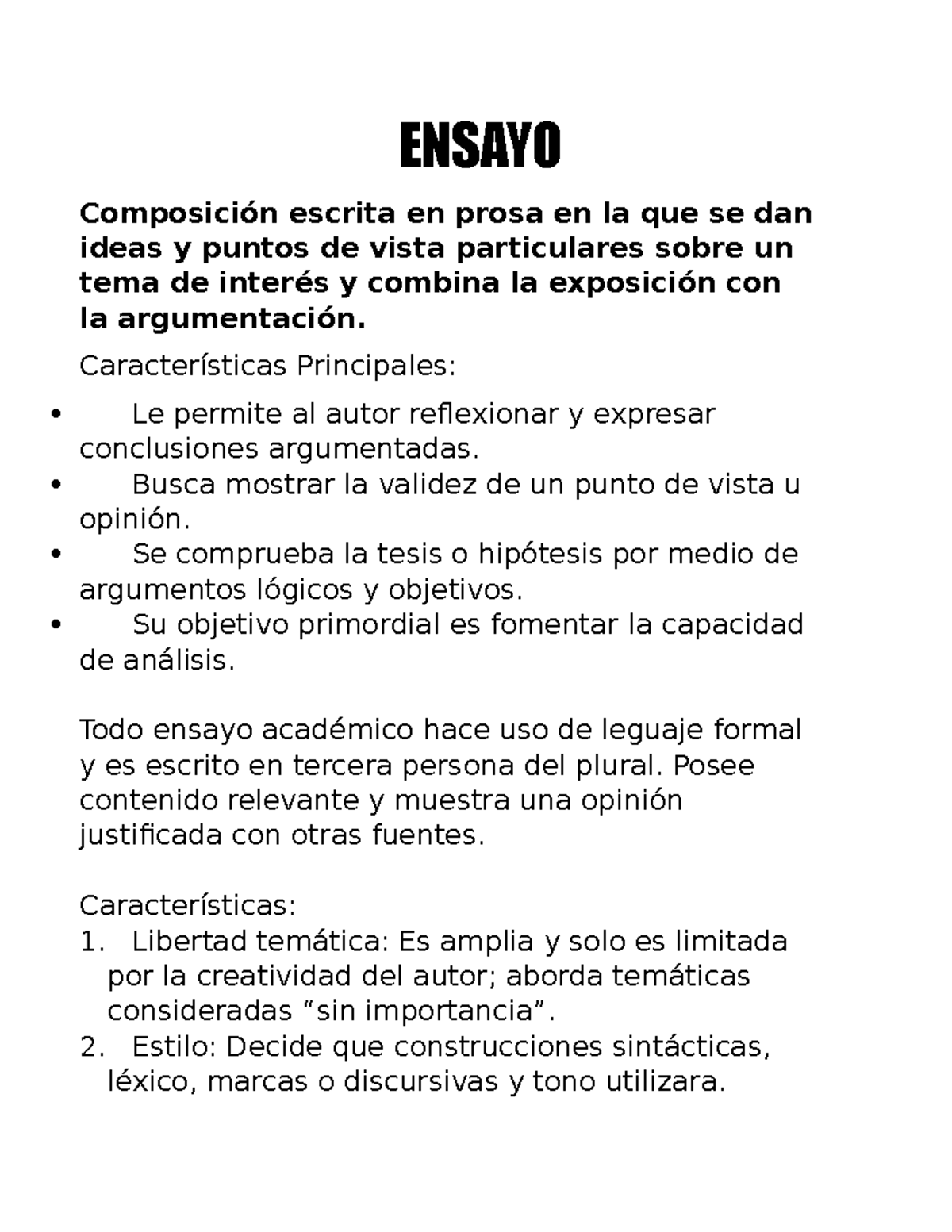 Ensayo - ENSAYO Composición escrita en prosa en la que se dan ideas y ...