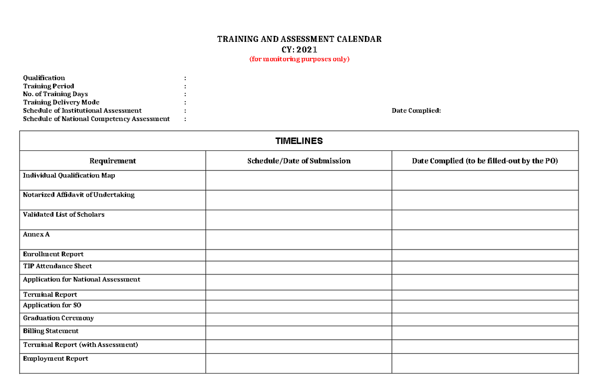 7-Training and Assessment Calendar - TRAINING AND ASSESSMENT CALENDAR ...