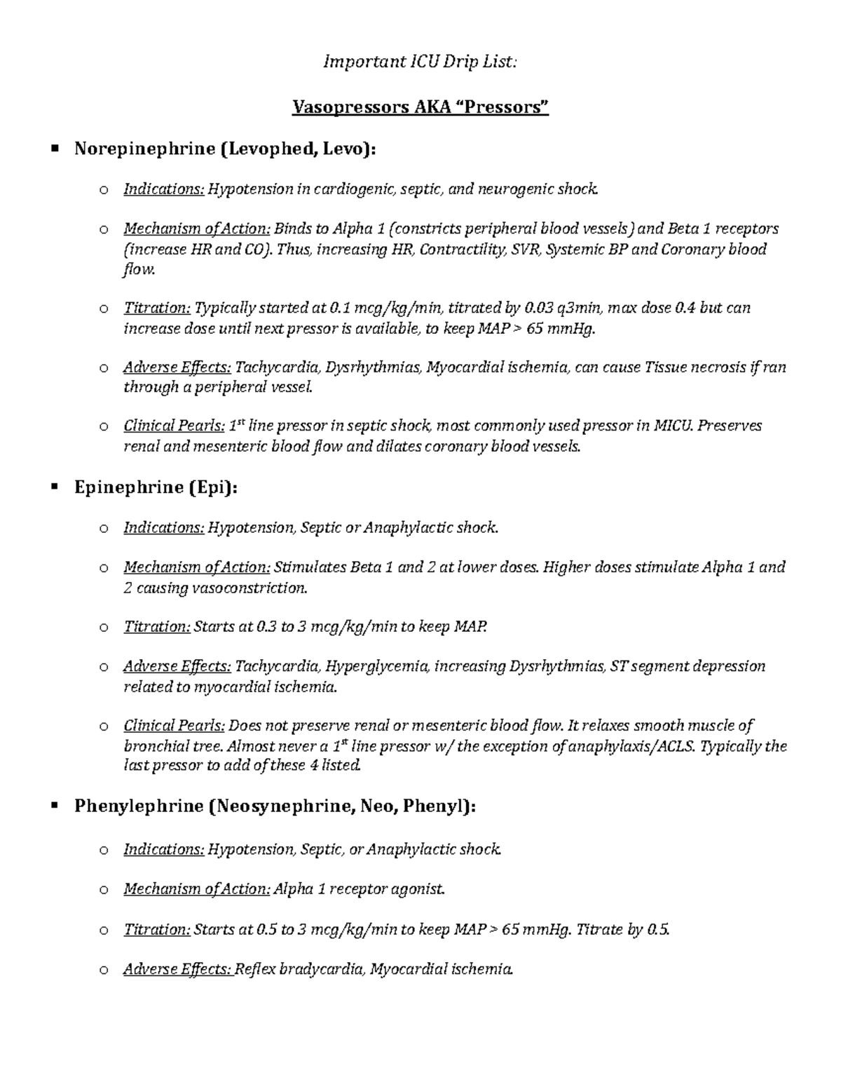 Essential ICU Drip List - NURB 3150 - NSU - Studocu