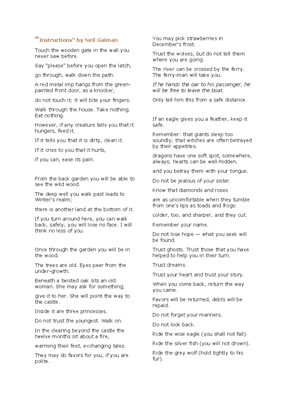 Activity-4- Instructions - "Instructions" by Neil Gaiman Touch the ...