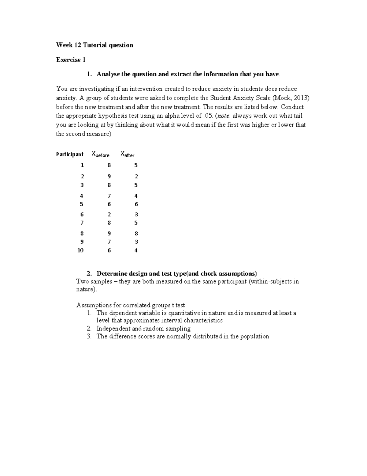 Correlated groups t-test question answers - Week 12 Tutorial question ...