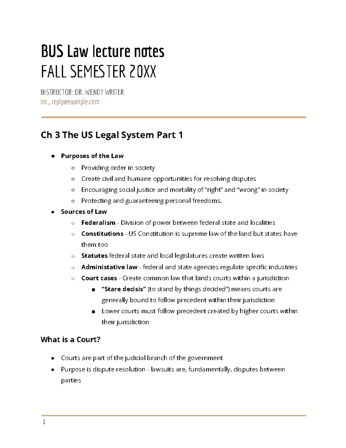 BUS LAW lecture notes - BUS Law lecture nes FALL SEMTER 20XX INSTRUCTOR ...