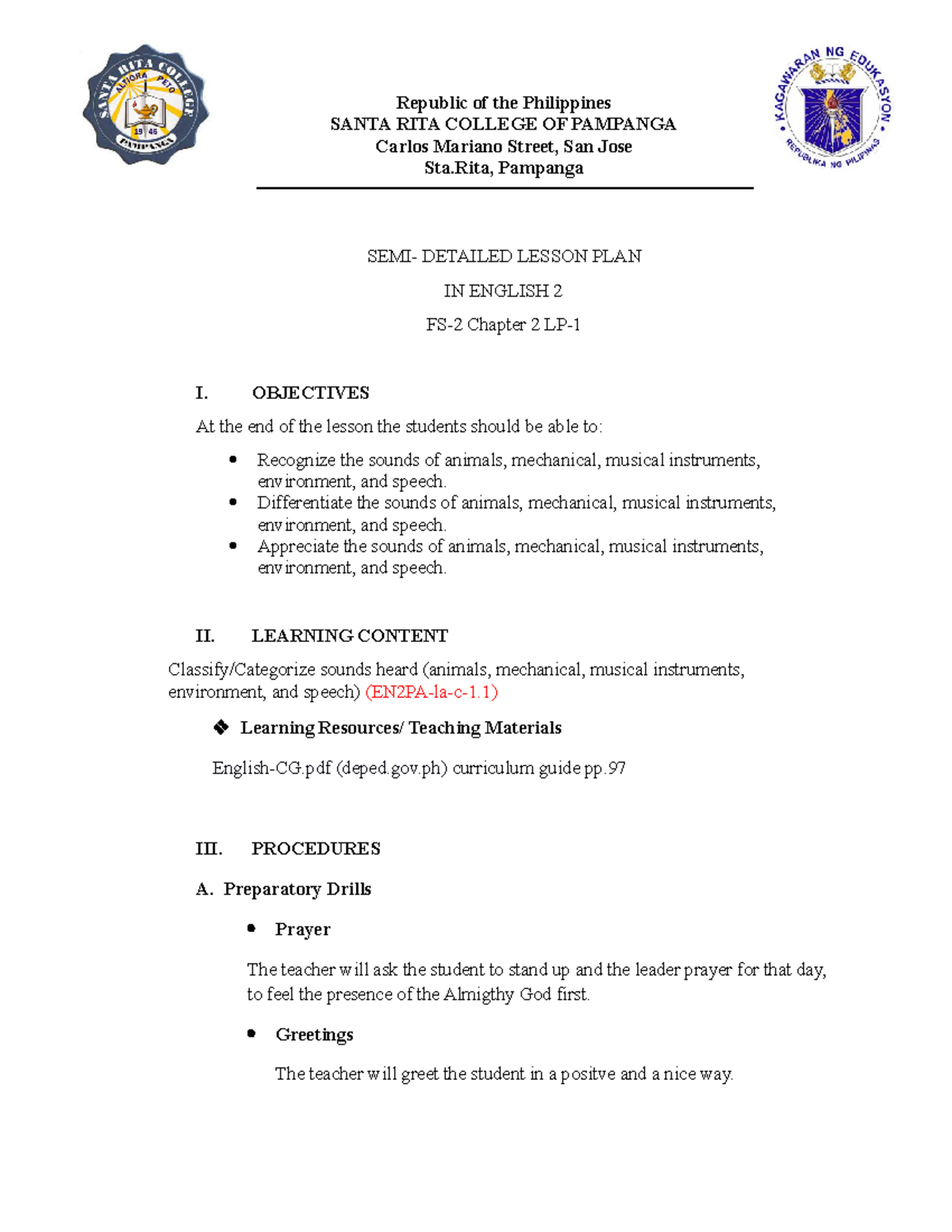 Lesson-1 - a lesson plan. - Republic of the Philippines SANTA RITA ...