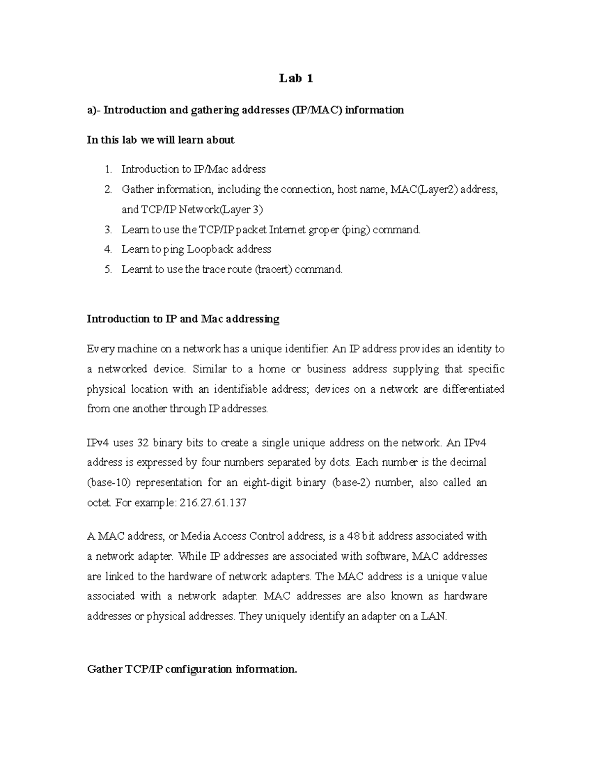 Computer Networks Lab 1 - Lab 1 a)- Introduction and gathering ...