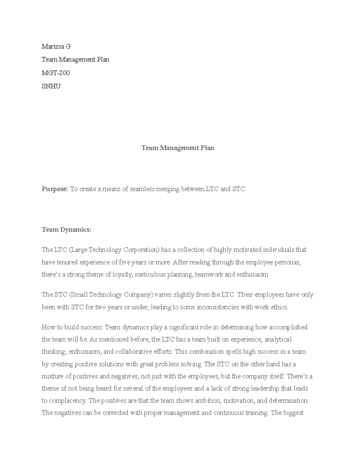 Team Management plan Module 5 - Marissa G Team Management Plan MGT ...