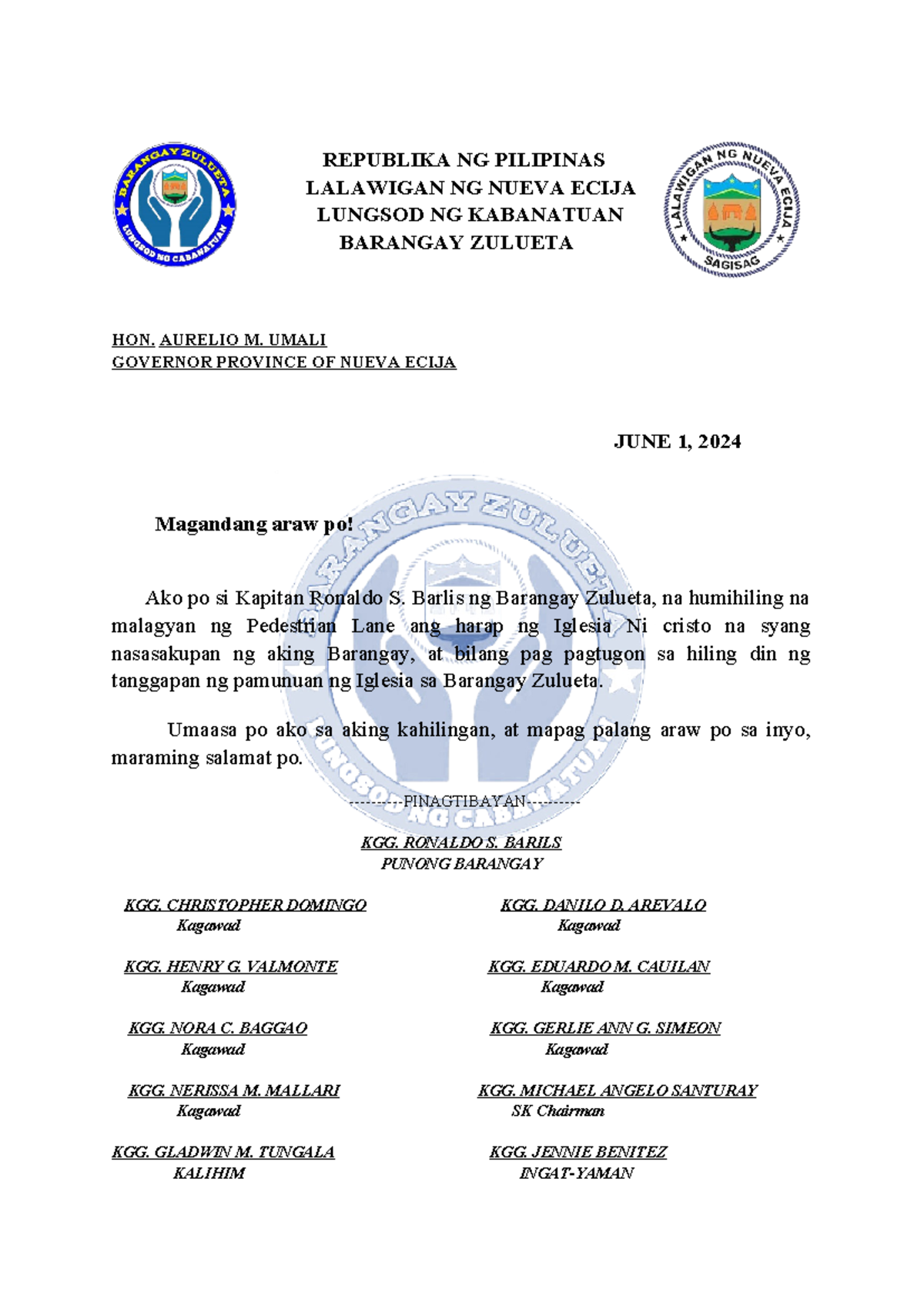 Request letter pedestrian lane - REPUBLIKA NG PILIPINAS LALAWIGAN NG ...