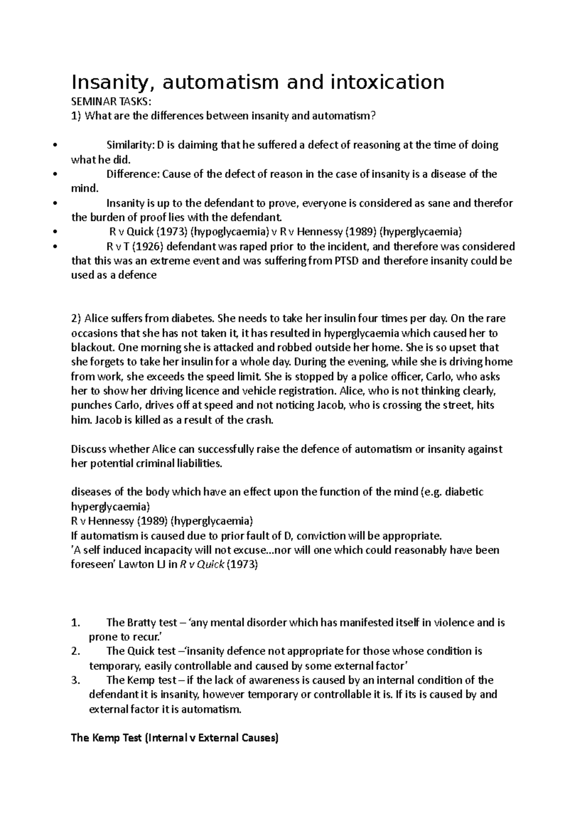 Insanity, automatism and intoxication Seminar - Insanity, automatism ...