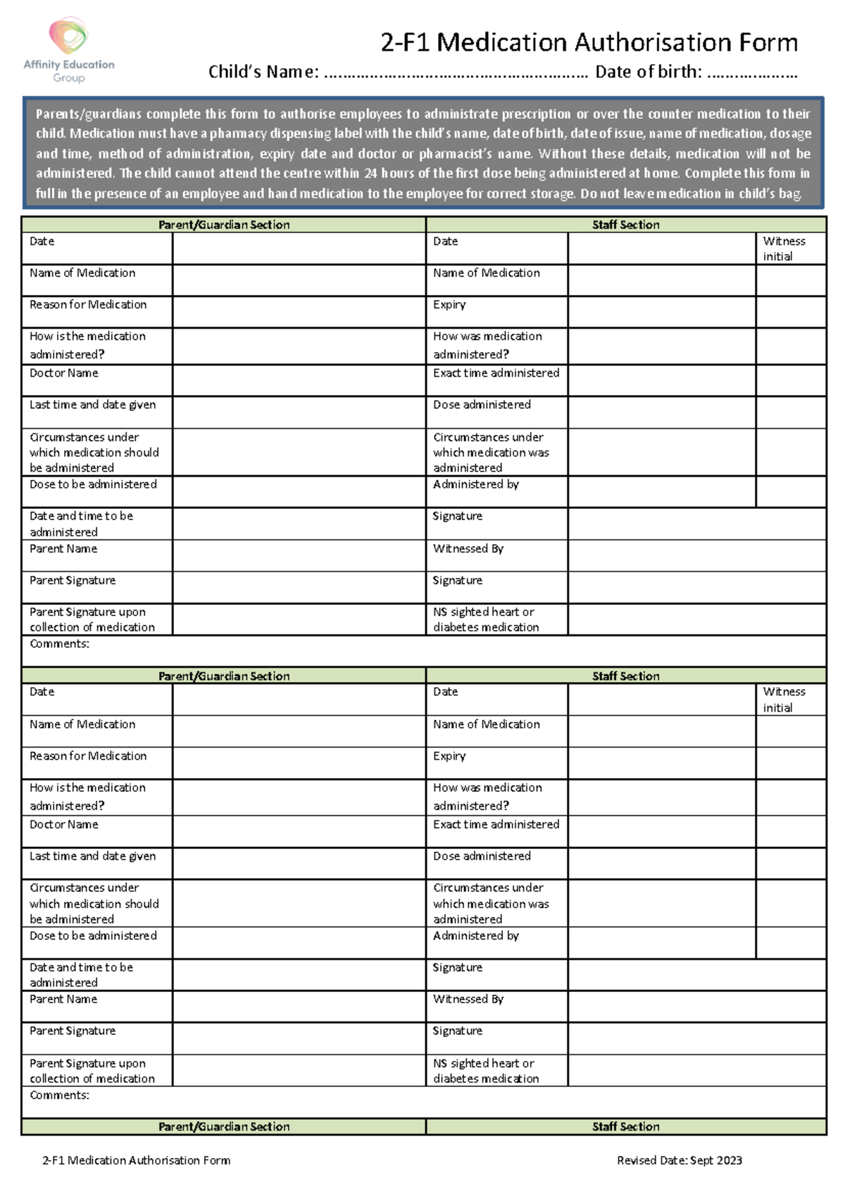 FRM 2-F1 Medication Authorisation Form - Child’s Name: - Studocu