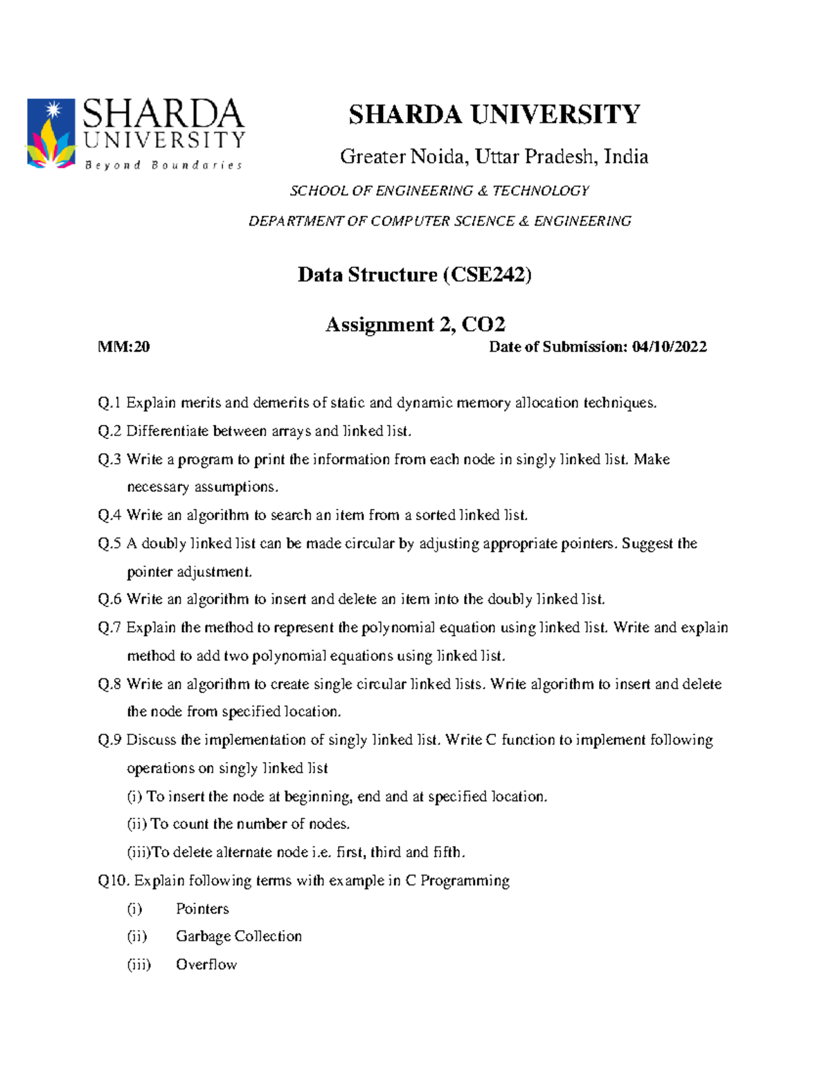 CSE 242 ASSIGNMENT UNIT 2 - SHARDA UNIVERSITY Greater Noida, Uttar ...