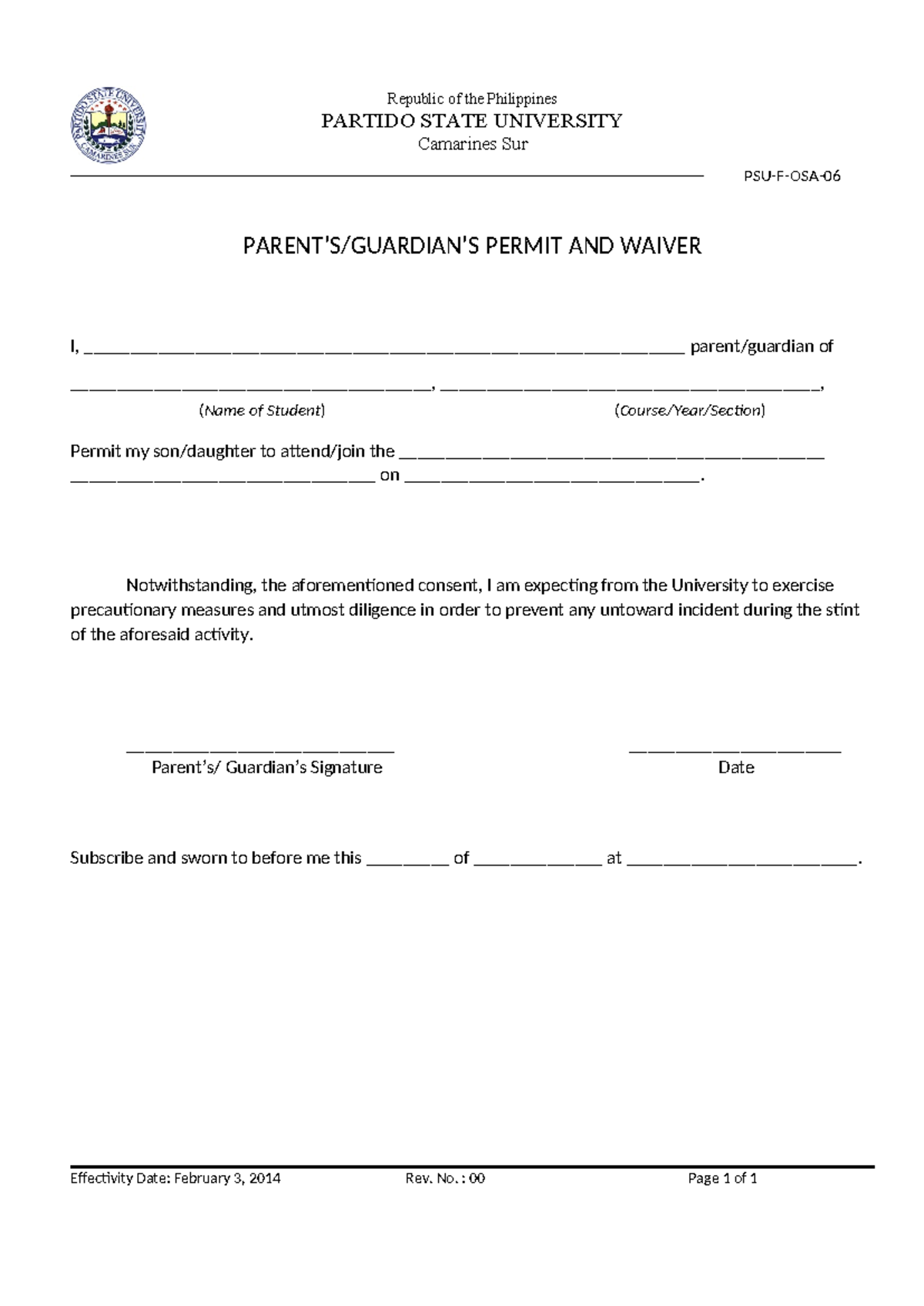 6 Parents Guardian Waiver - (Name of Student) (Course/Year/Section ...
