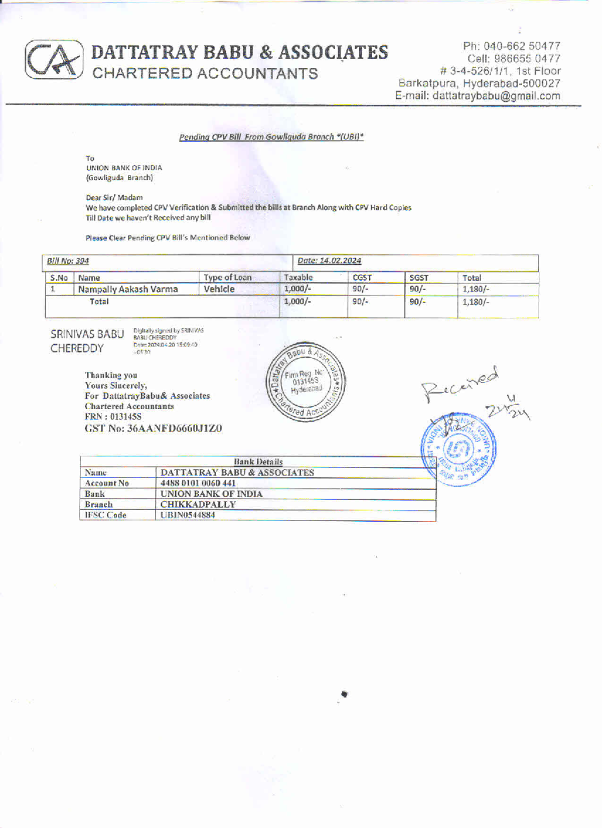 Gowliguda Branch Bill - SADASDSA - DATTATRAY BABU ASSOCIATES Ph: 50477 ...