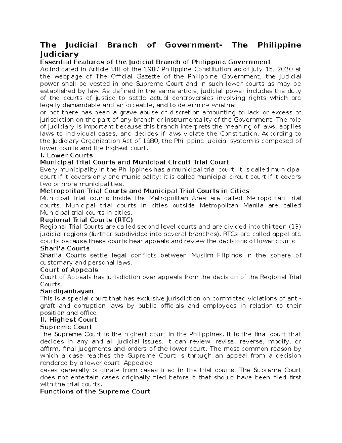 Lecture notes The Judicial Branch of Governmen 1 - The Judicial Branch ...