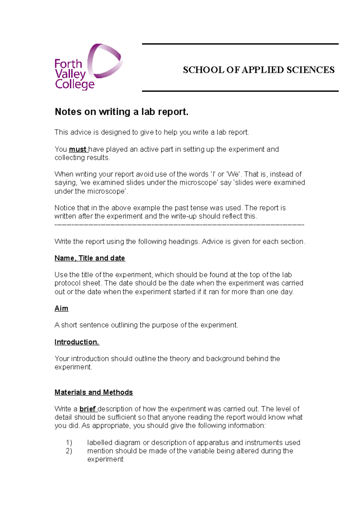 How to write lab reports - SCHOOL OF APPLIED SCIENCES Notes on writing ...