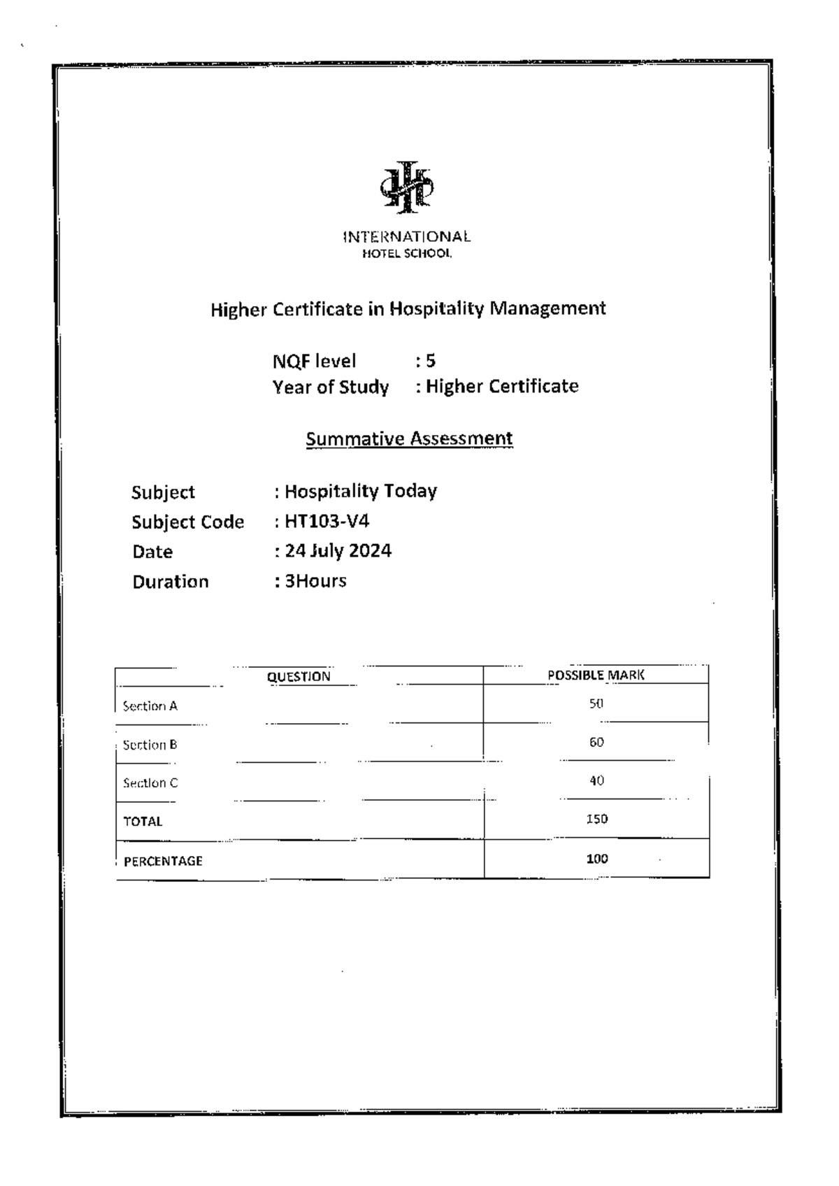 Hospitality Today QP - L INTERNATIONAL HOTEL SCHOOL Higher Certificate ...
