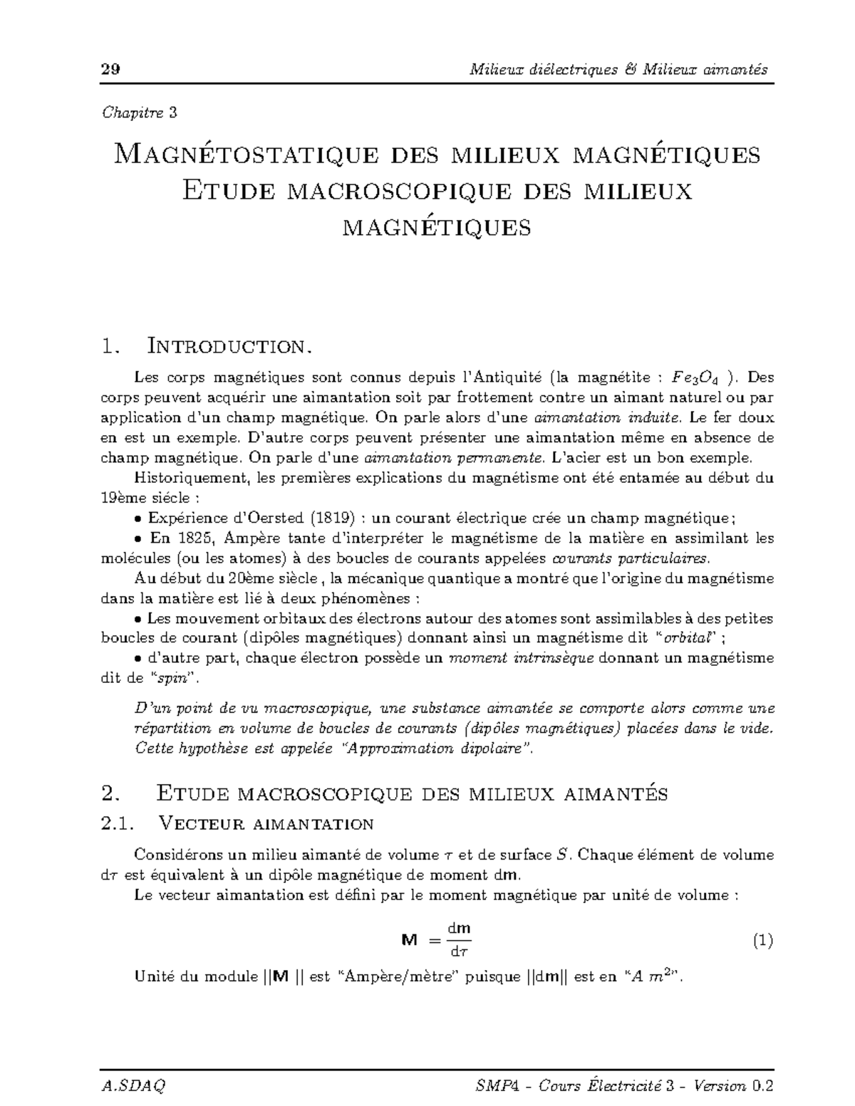 Chapitre 3 - meca 1 smp - Chapitre 3 Magn ́etostatique des milieux magn ́etiques Etude ...