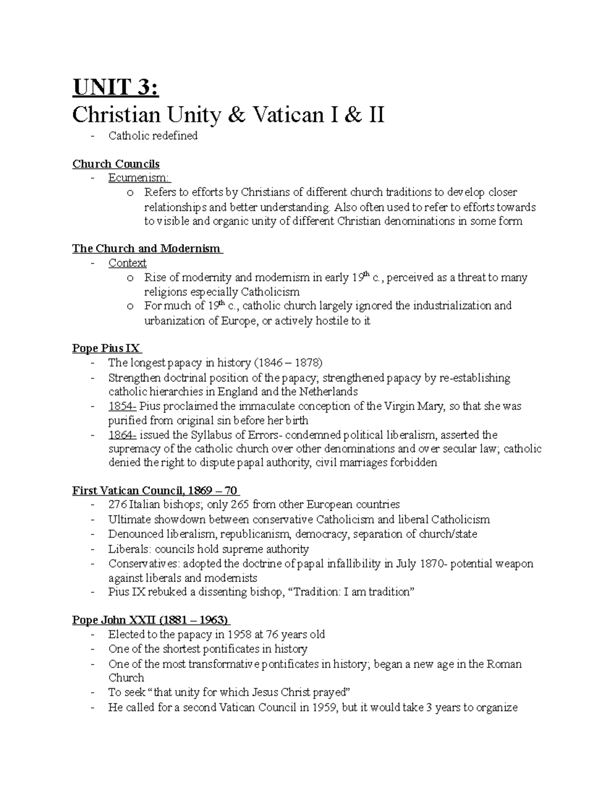 Christian Heritage Unit 3 Christian Unity & Vatican I & II - UNIT 3 ...