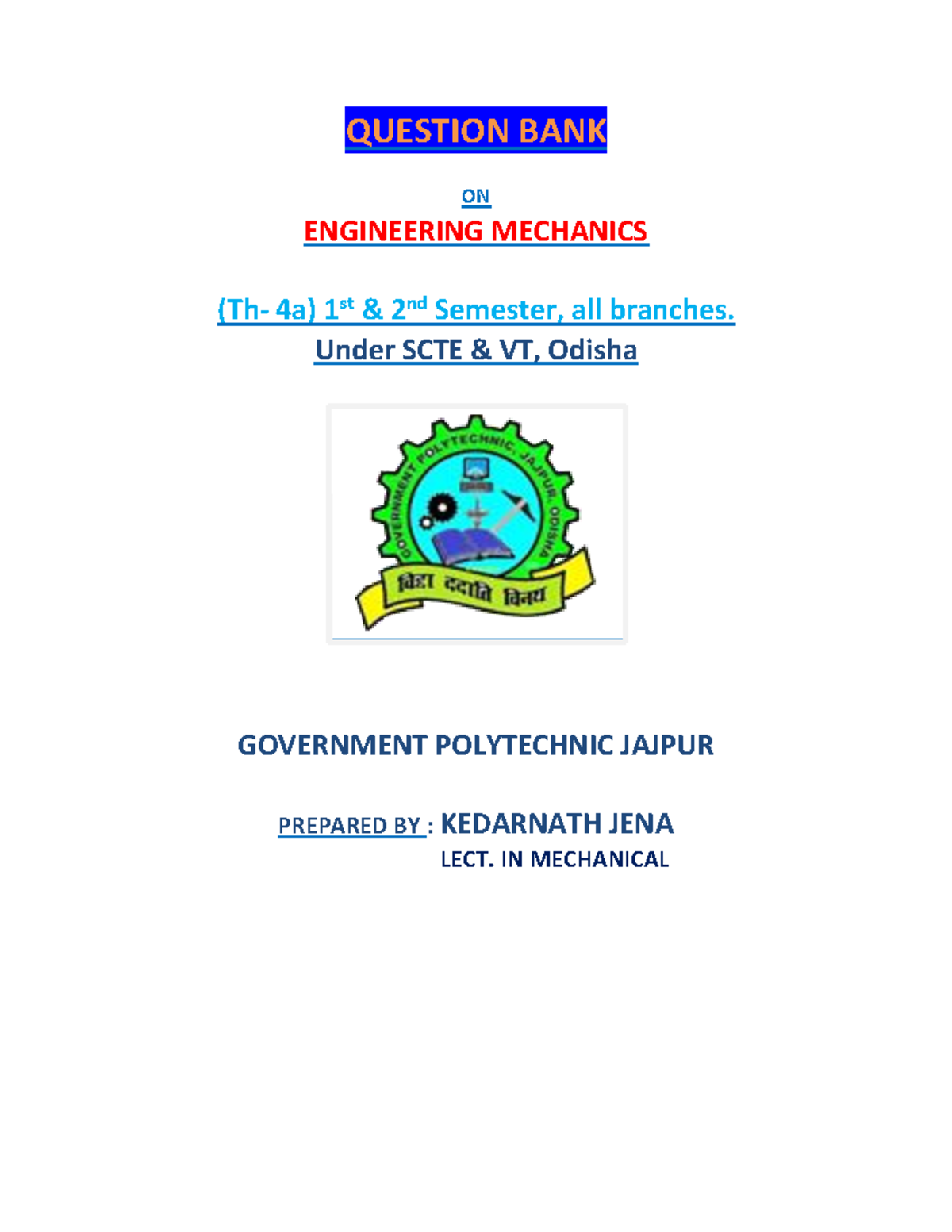 Engineering Mechanics - QUESTION BANK ON ENGINEERING MECHANICS (Th- 4a ...