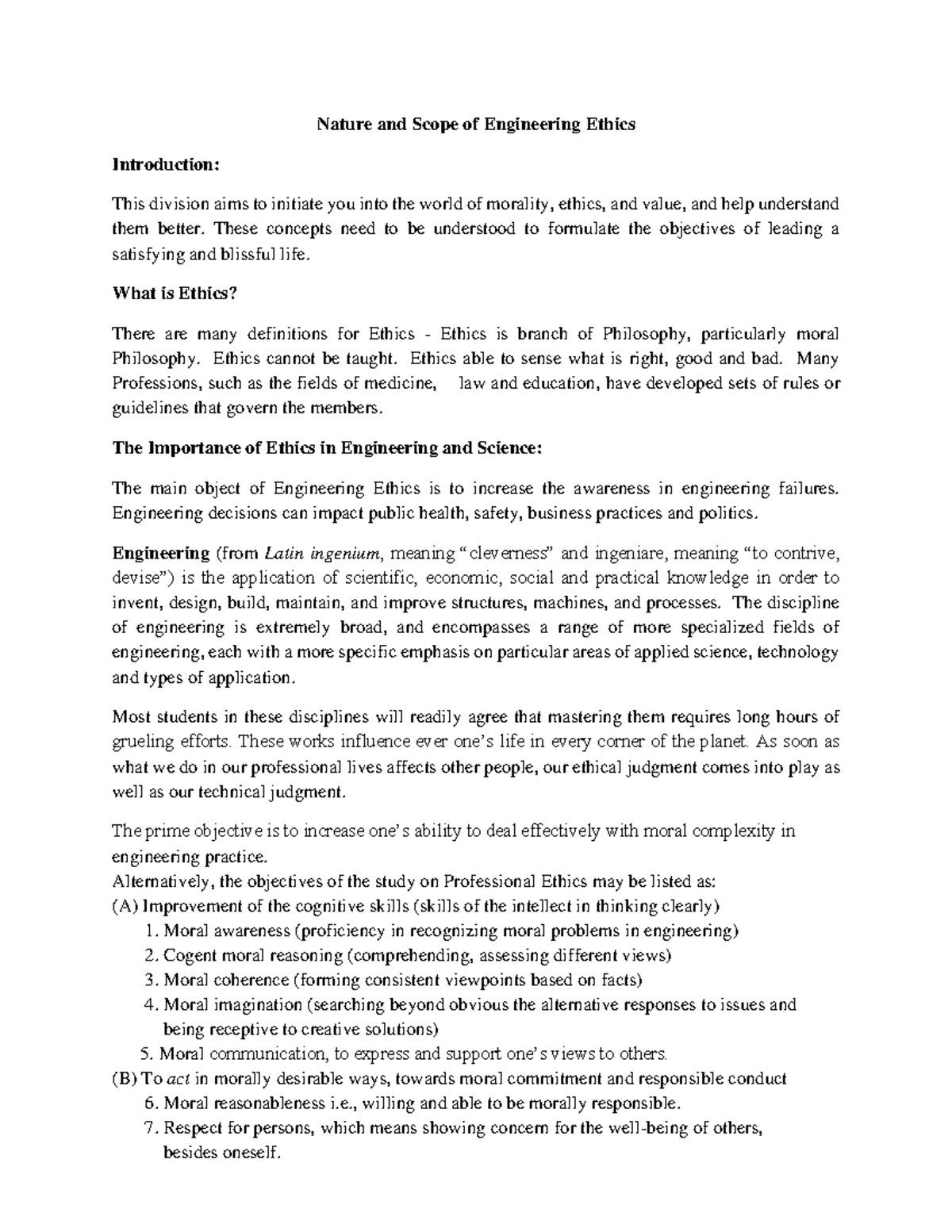 Unit-1 - Nature and Scope of Engineering Ethics Introduction: This division aims to initiate you ...