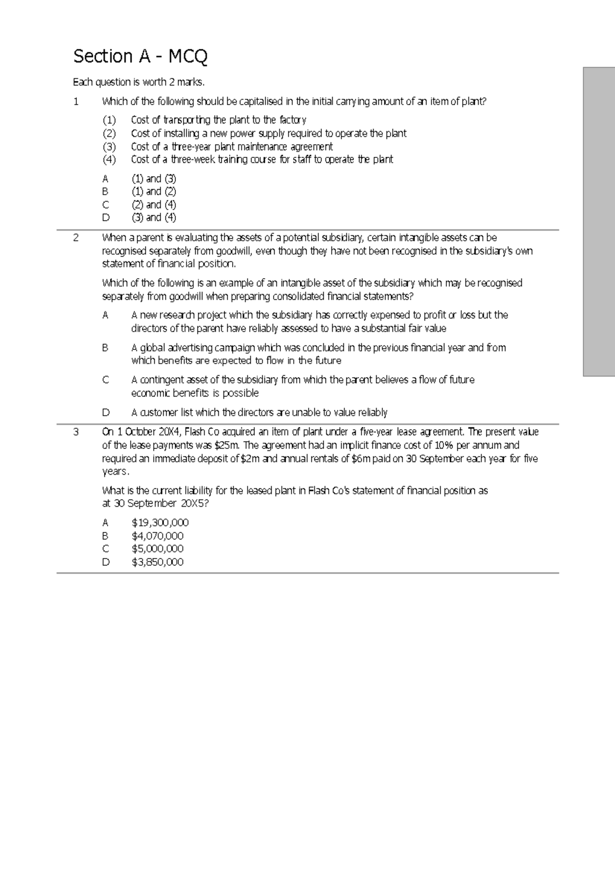 Mock 1 mcq otq - REVISION - Section A - MCQ Each question is worth 2 ...