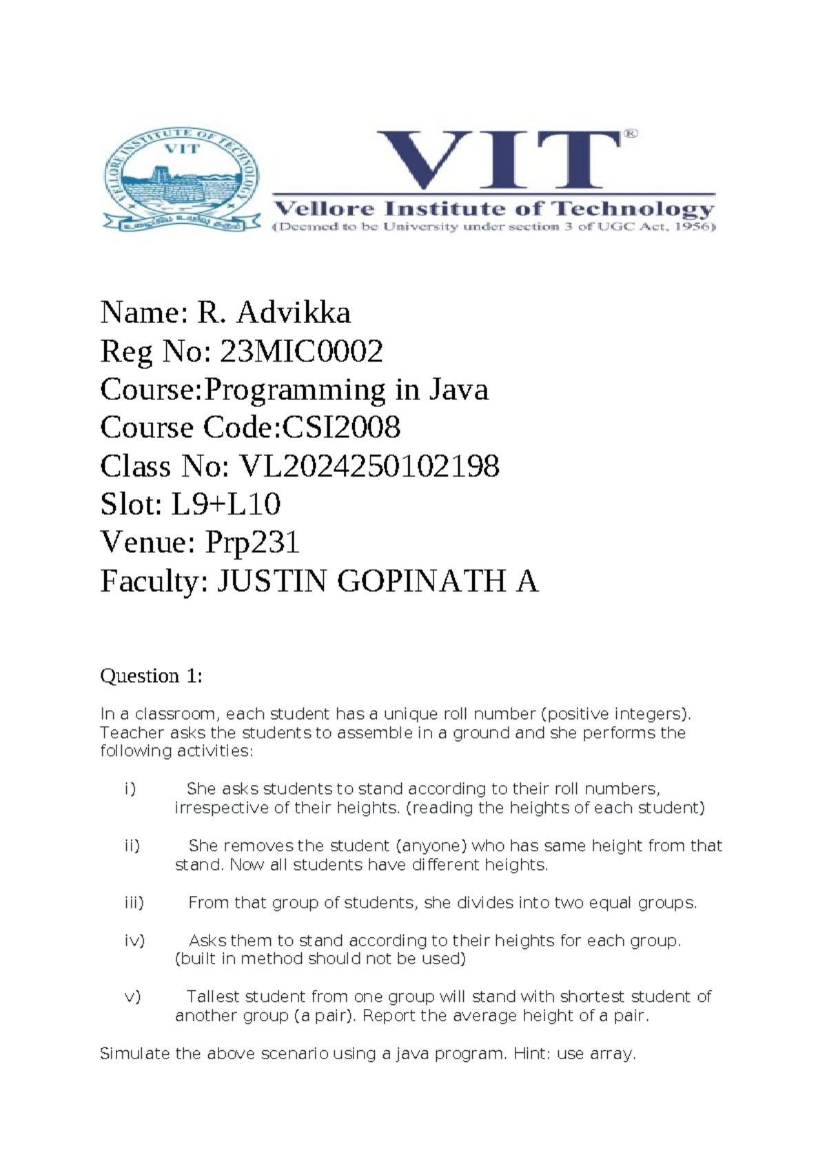 Digital Asignment Java Name R Advikka Reg No 23mic Courseprogramming In Java Course Code 