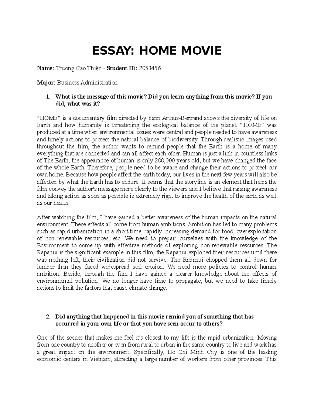 HOME Essay - TRƯƠNG CAO THIỆN - 2053456 - ESSAY: HOME MOVIE Name ...