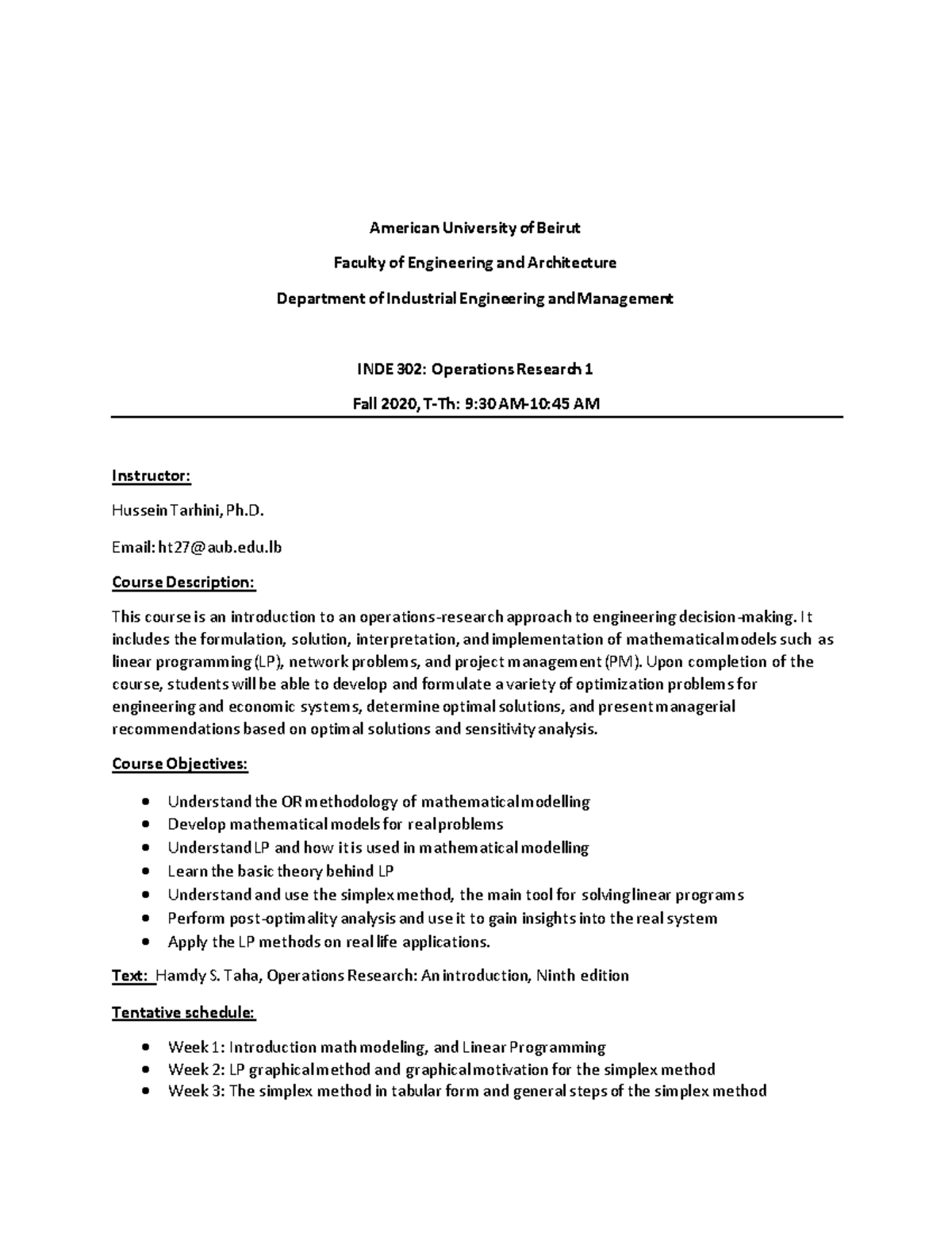 INDE 302 syllabus - 302 SYLABUS - American University of Beirut Faculty ...