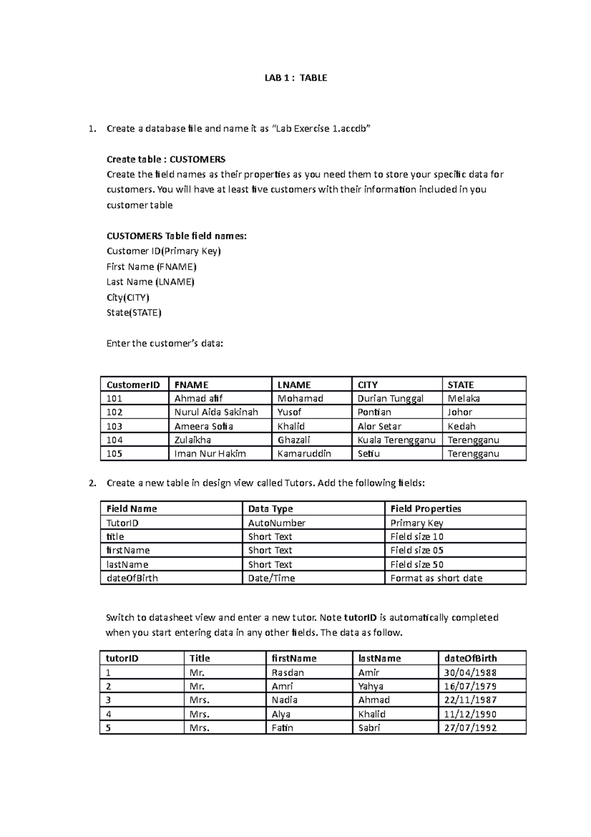 ITS432 Lab1 Table - LAB 1 : TABLE Create a database file and name it as ...