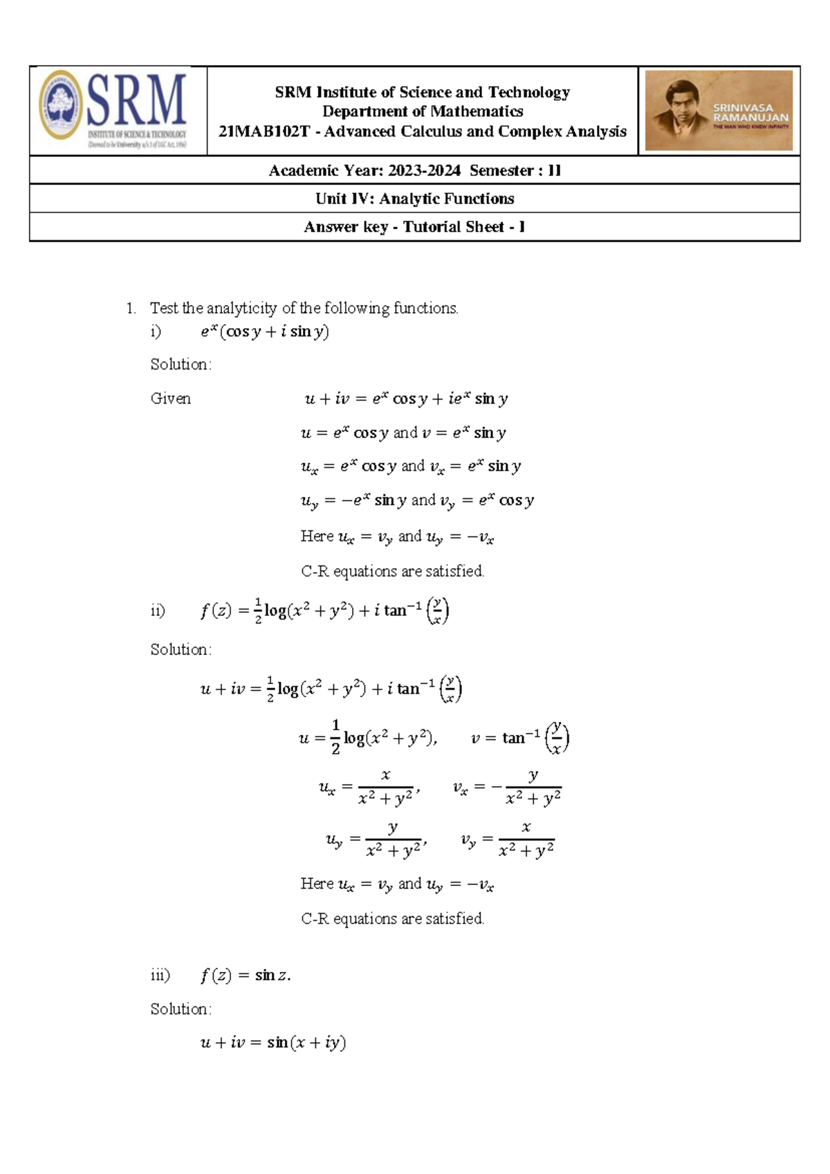Tutorial 1-Unit 4-Answer key - Test the analyticity of the following ...