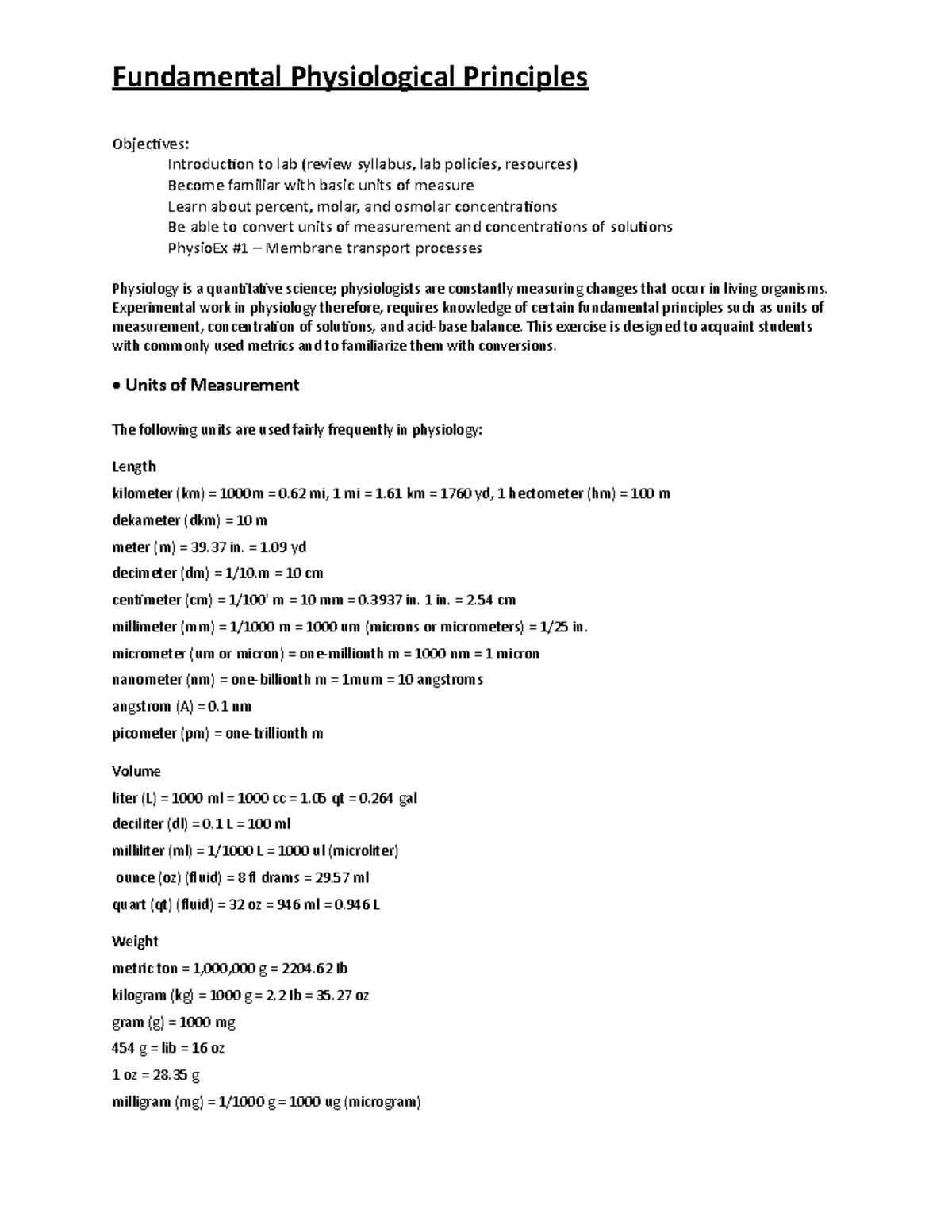 Human Physiology Lab Units of Measure, Concentrations, and Conversions ...