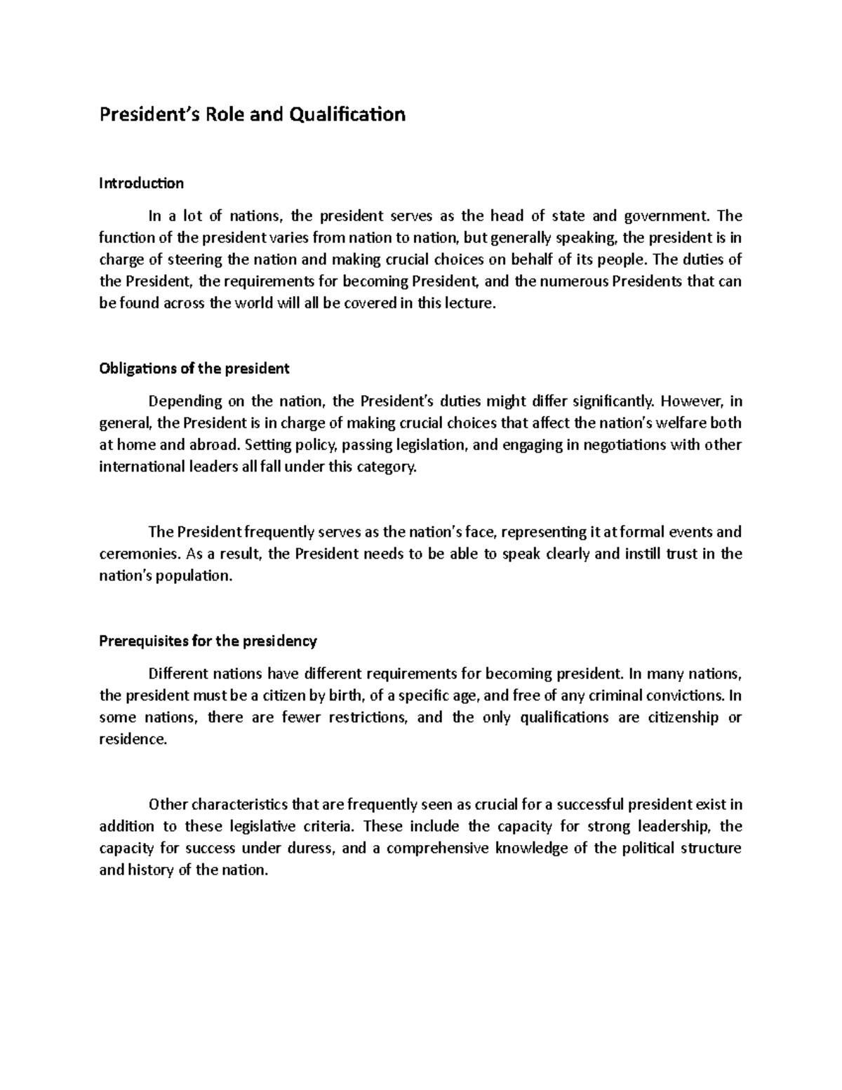 Lecture Notes - President - President’s Role and Qualification ...