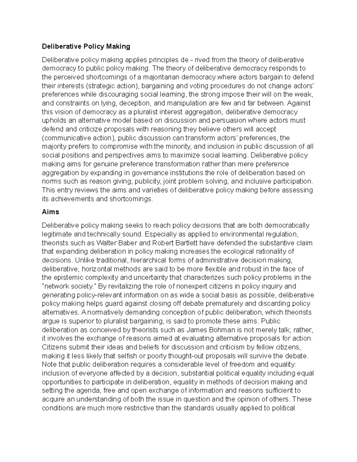 Deliberative Policy Making - Deliberative Policy Making Deliberative ...