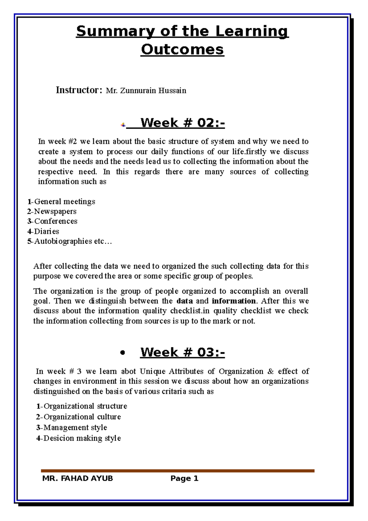 Weekly Summary - Summary of the Learning Outcomes Instructor: Mr ...