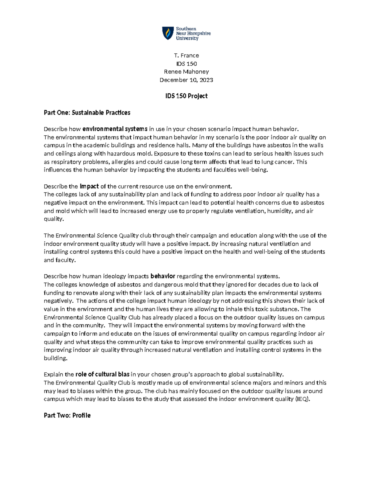 IDS 150 Final Project - T. France IDS 150 Renee Mahoney December 10 ...
