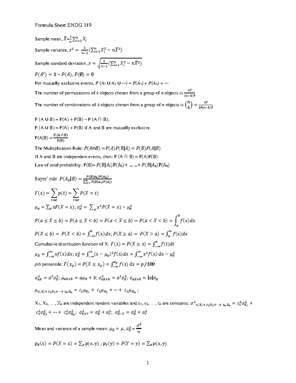 Formula sheet for Midterm F24 - Formula Sheet ENDG 319 1 Sample mean, 𝑋 ...