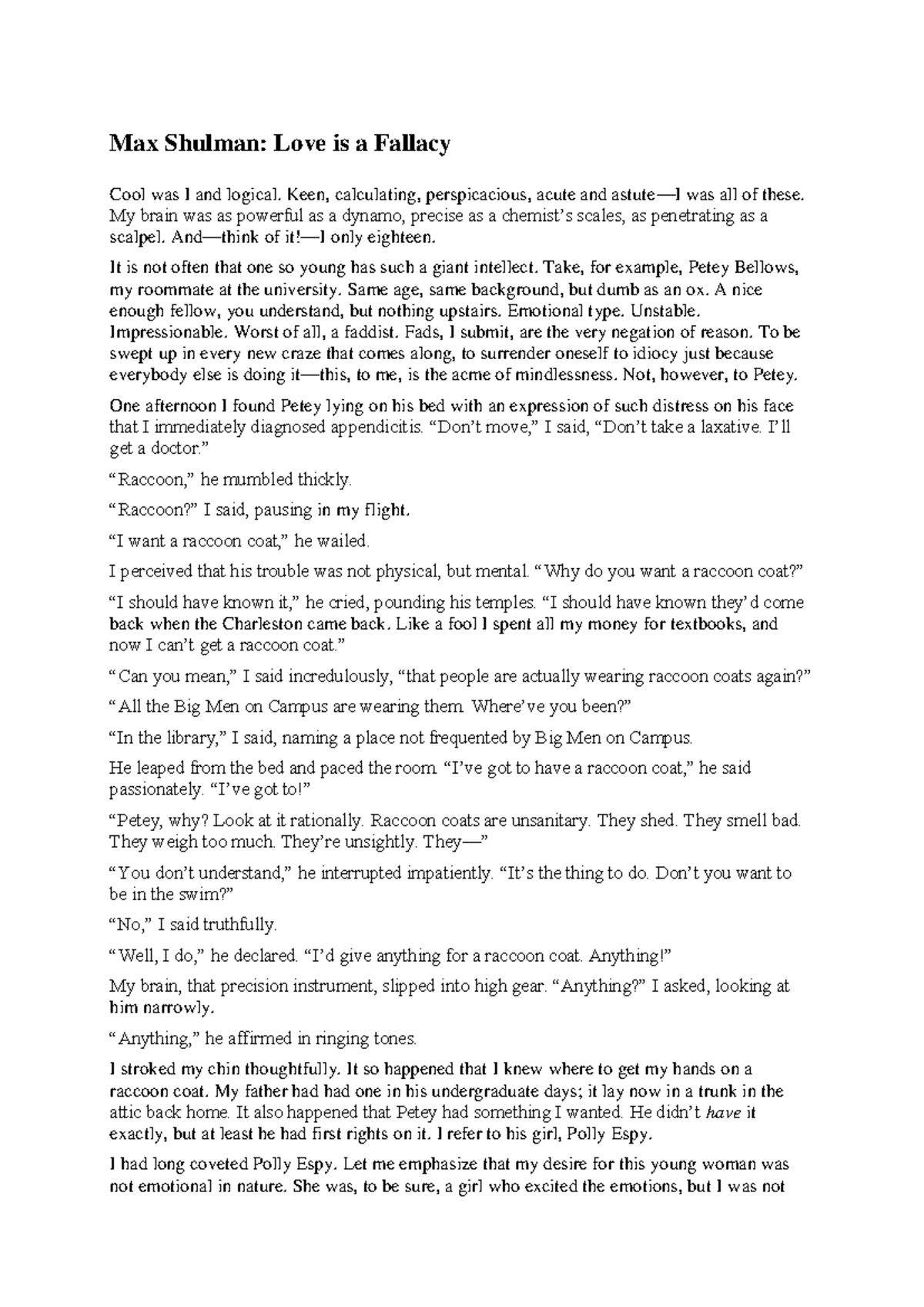 Love is a fallacy - story - Max Shulman: Love is a Fallacy Cool was I ...